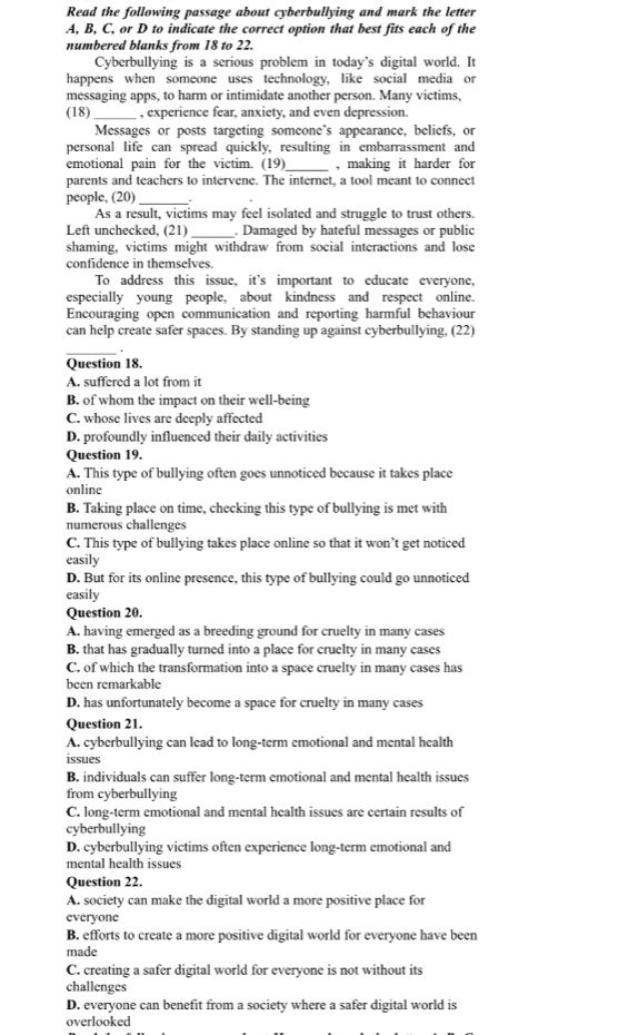 Giải quyết:Read the following passage about cyberbullying and mark the ...