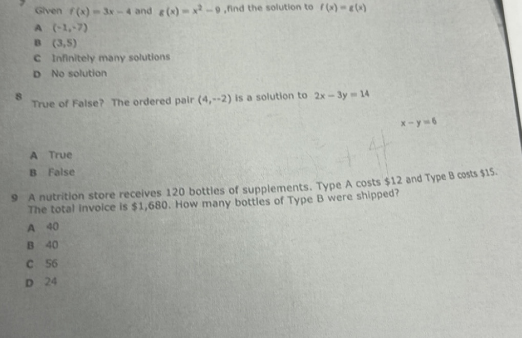 Solved: Given f(x)=3x-4 and g(x)=x^2-9 ,find the solution to f(x)=g(x ...