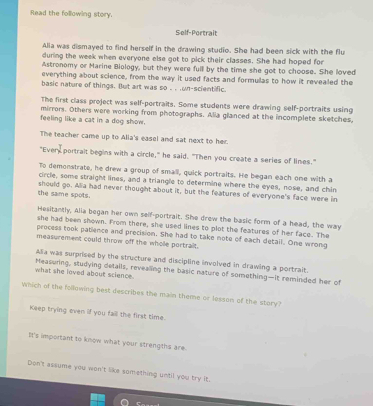 Solved: Read the following story. Self-Portrait Alia was dismayed to ...