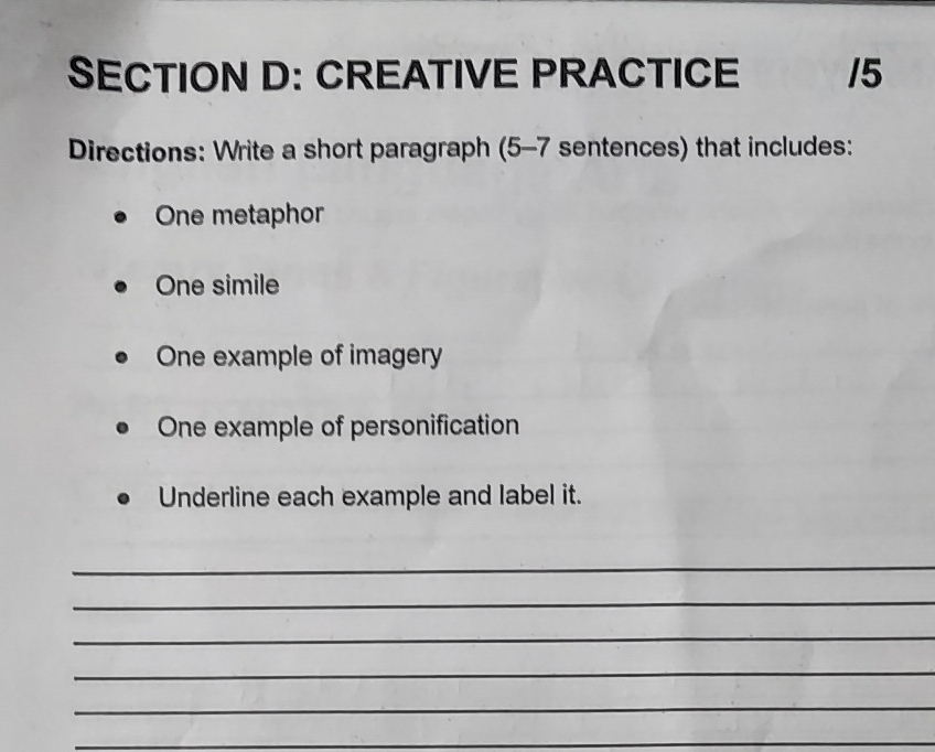 Solved: CREATIVE PRACTICE 15 Directions: Write a short paragraph (5-7 ...
