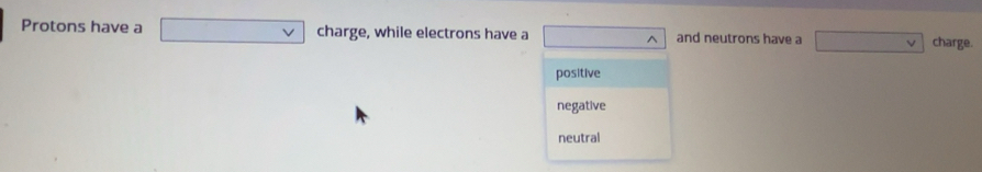 Solved: Protons have a charge, while electrons have a and neutrons have ...
