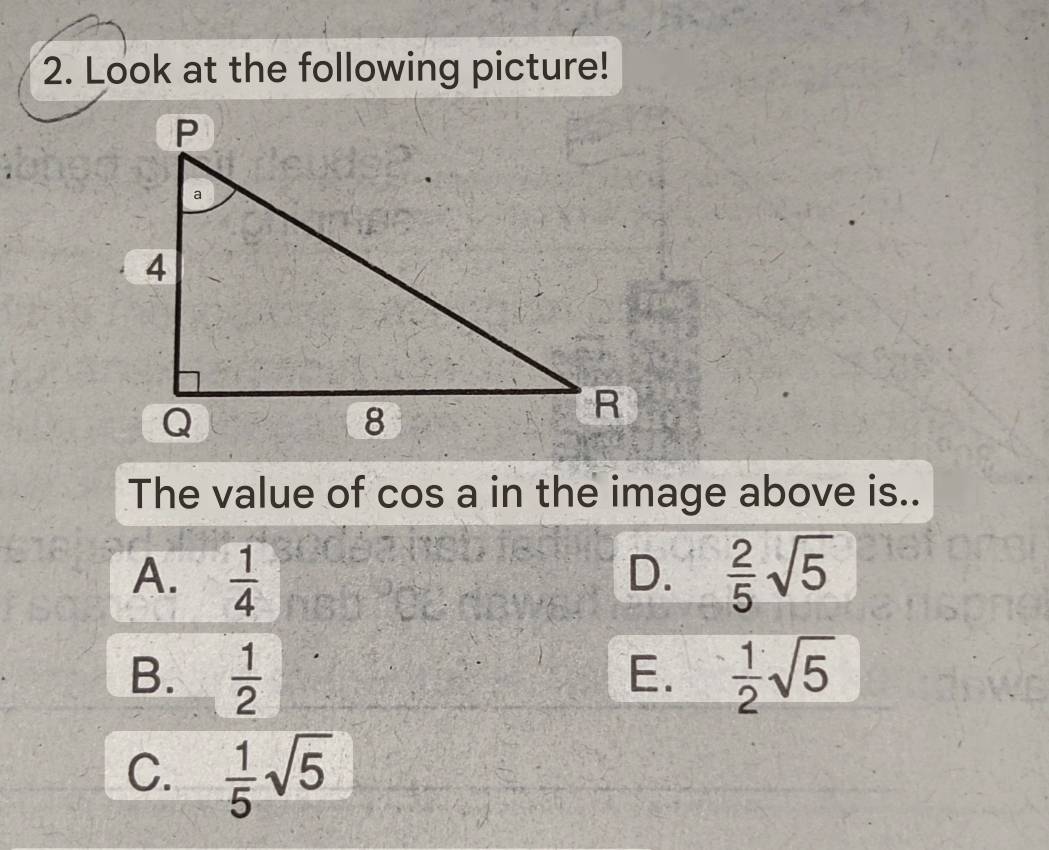Solved: Look at the following picture! The value of cos a in the image ...