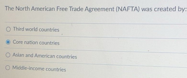 Solved: The North American Free Trade Agreement (NAFTA) was created by: Third world countries ...