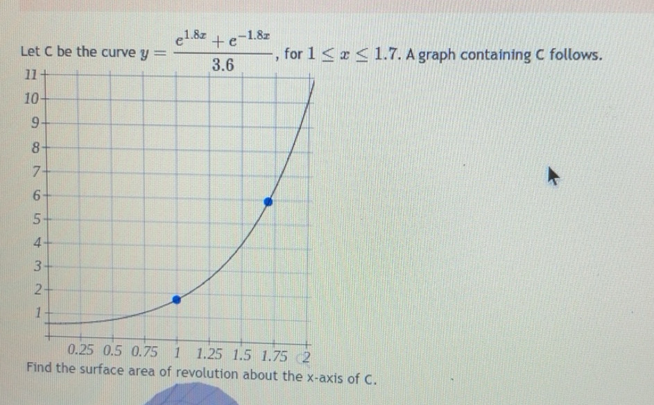 Solved: Let C be the curve y= (e^(1.8x)+e^(-1.8x))/3.6 , for 1≤ x≤ 1.7. A graph containing C ...