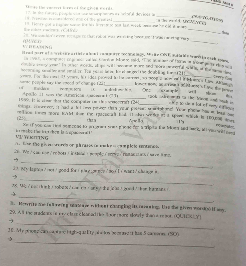 Giải quyết:Tếng anH 8 Write the correct form of the given words. 17. In ...