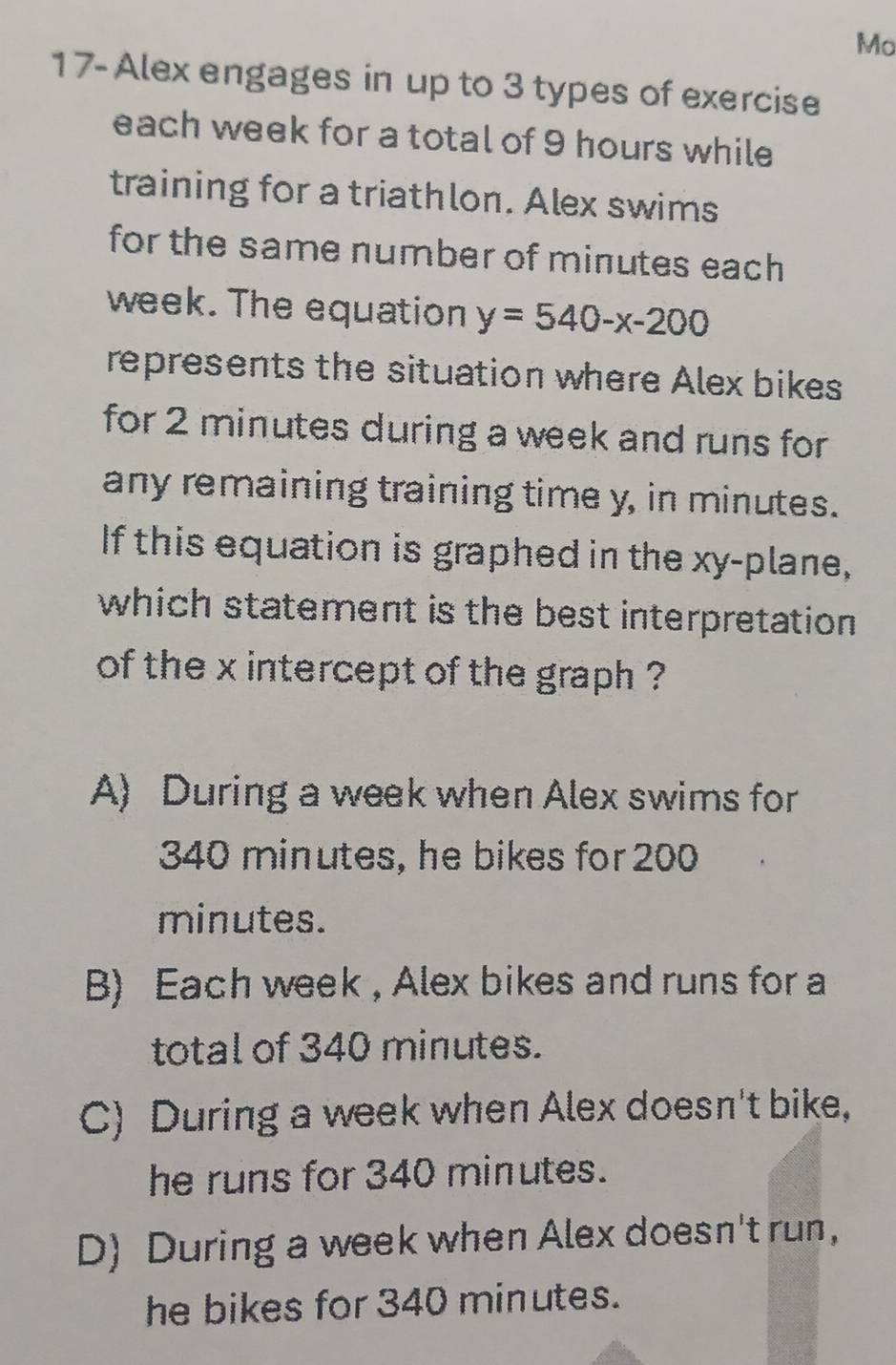 تم الحل:Mo 17- Alex engages in up to 3 types of exercise each week for ...