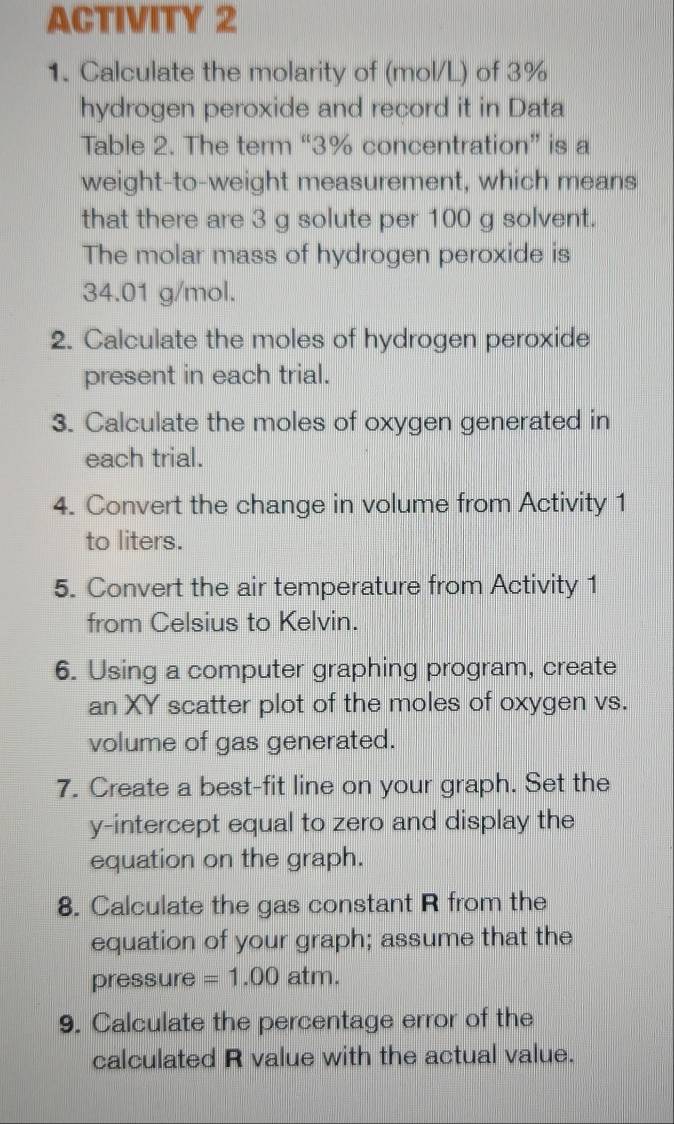 Solved: ACTIVITY 2 1. Calculate the molarity of (mol/L) of 3% hydrogen ...