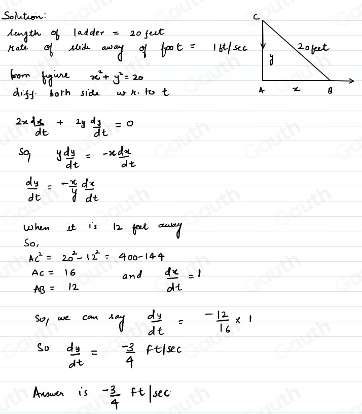 Solved: A ladder 20 feet long is placed against a wall. The foot of the ...