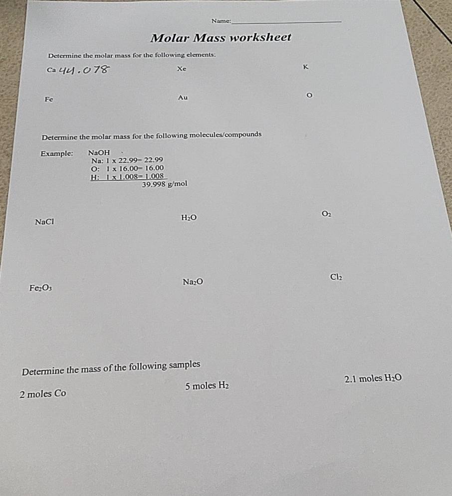Solved: Name:_ Molar Mass worksheet Determine the molar mass for the ...