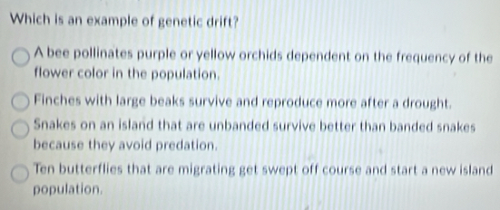 Solved: Which is an example of genetic drift? A bee pollinates purple ...