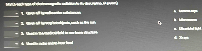 Solved: Match each type of electromagnetic radiation to its description. (4 points) _ 2. Given ...