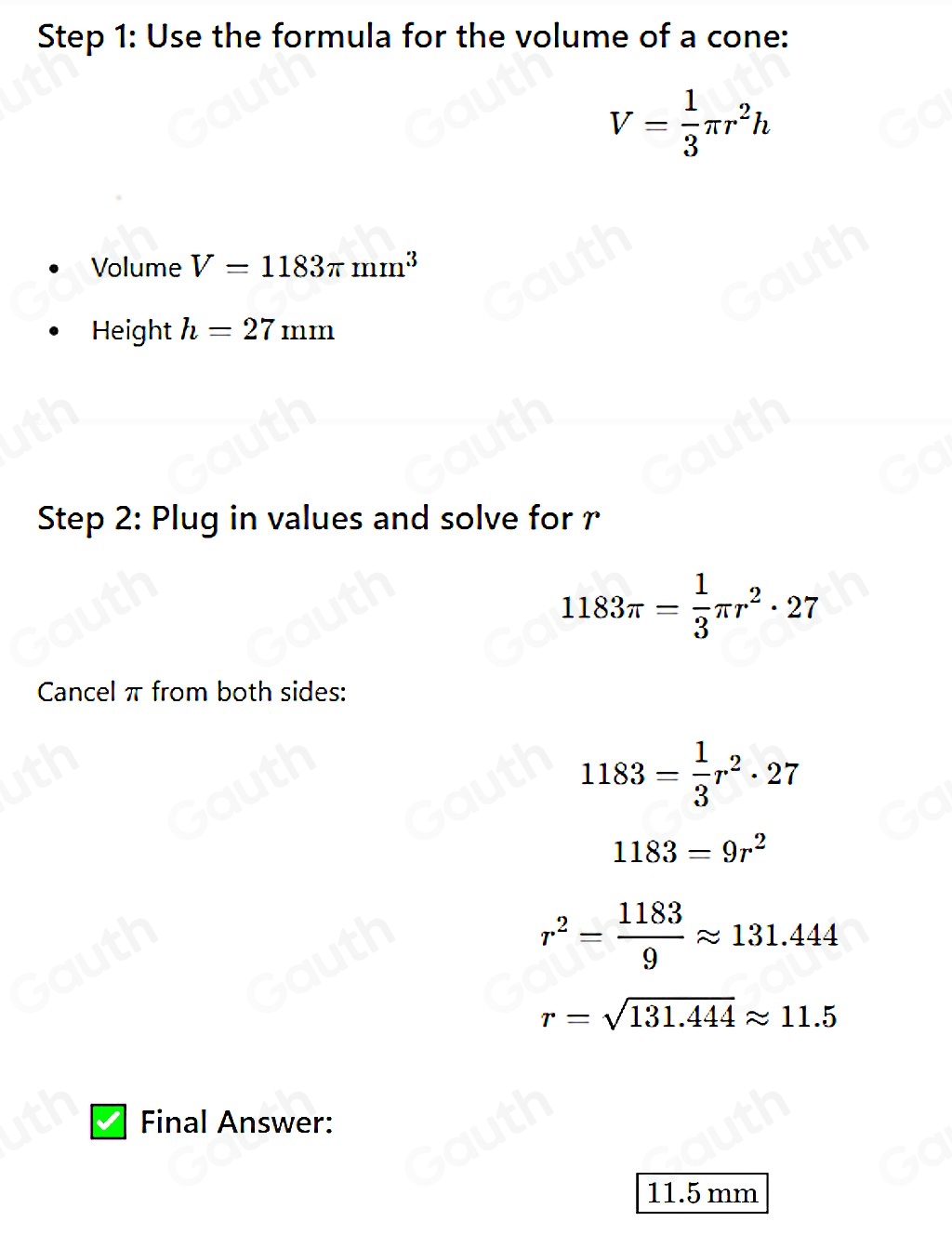 Solved: volume of a cone= 1/3 π r^2h, where r is the radius and h is the height. A piece from a ...