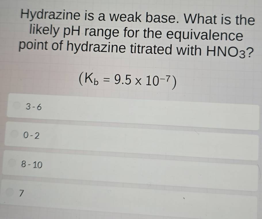 Solved: Hydrazine is a weak base. What is the likely pH range for the ...