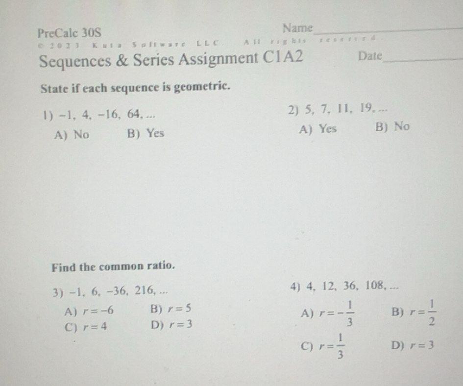 Solved: PreCalc 30S Name _ © 2 0 2 3 K u t a L L C A ll rìg b í V ...