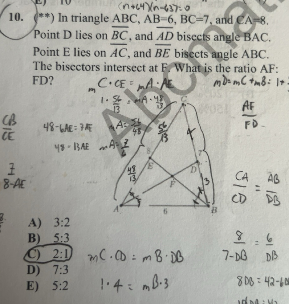 Solved: 10 10. (**) In triangle ABC, AB=6, BC=7 , and CA=8. Point D ...
