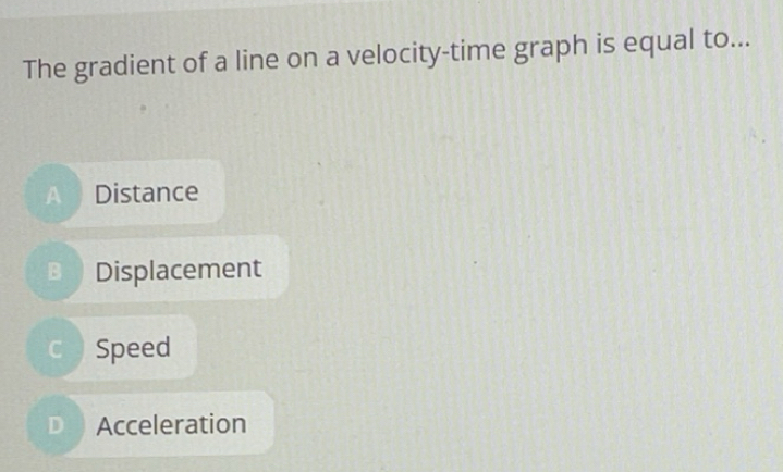 Solved: The gradient of a line on a velocity-time graph is equal to ...
