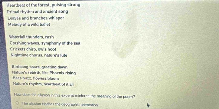 Solved: Heartbeat of the forest, pulsing strong Primal rhythm and ancient song Leaves and branch ...