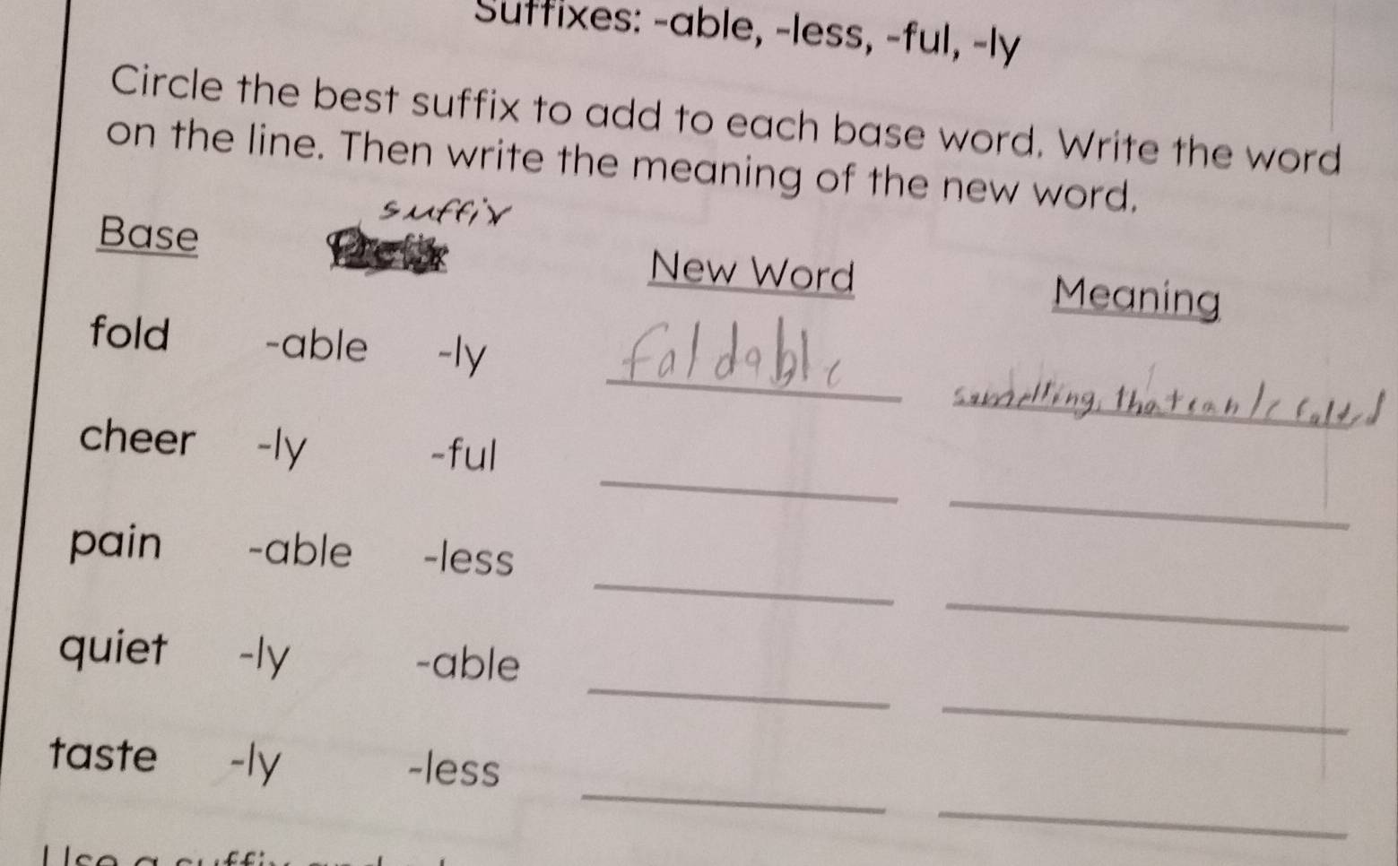 Solved: Suffixes: -able, -less, -ful, -ly Circle the best suffix to add ...