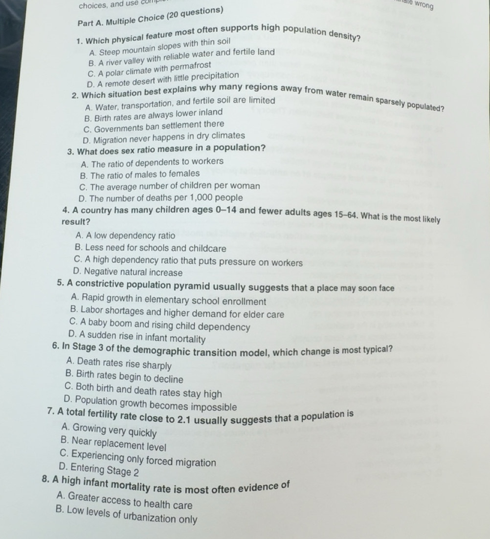 Solved: choices, and use com lale wrong Part A. Multiple Choice (20 ...