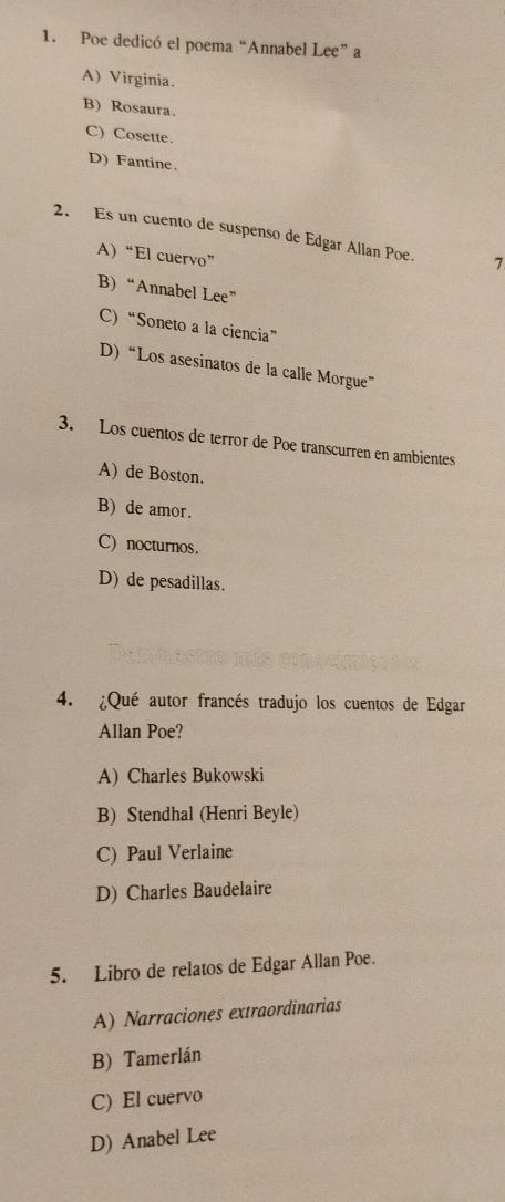 Resuelto:Poe dedicó el poema“Annabel Lee” a A) Virginia. B) Rosaura. C ...