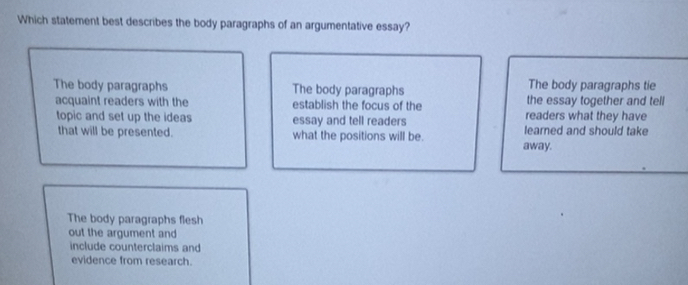 Solved: Which statement best describes the body paragraphs of an ...