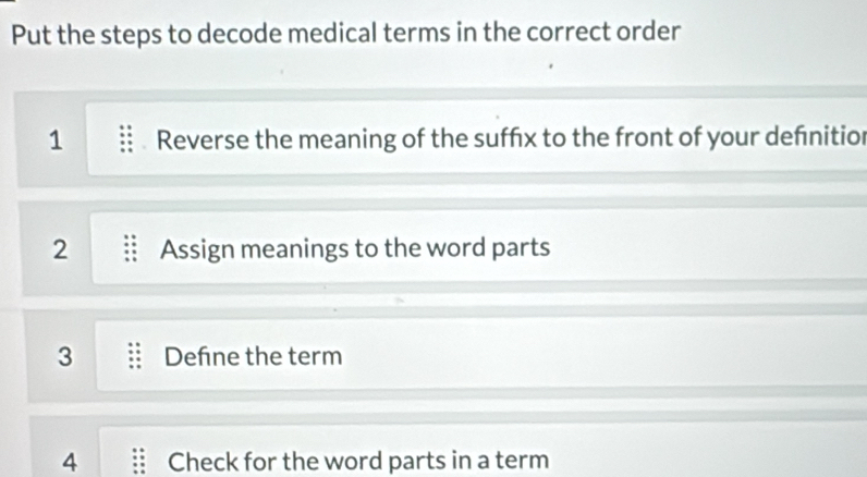 Solved: Put the steps to decode medical terms in the correct order 1 ...