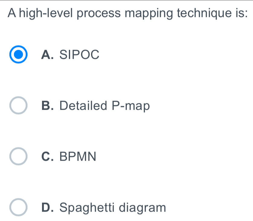 Solved: A high-level process mapping technique is: A. SIPOC B. Detailed ...