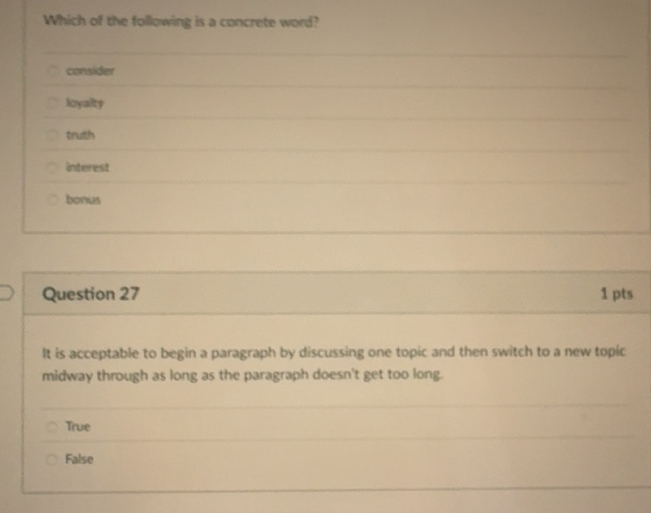 Solved: Which of the following is a concrete word? consider loyalty ...