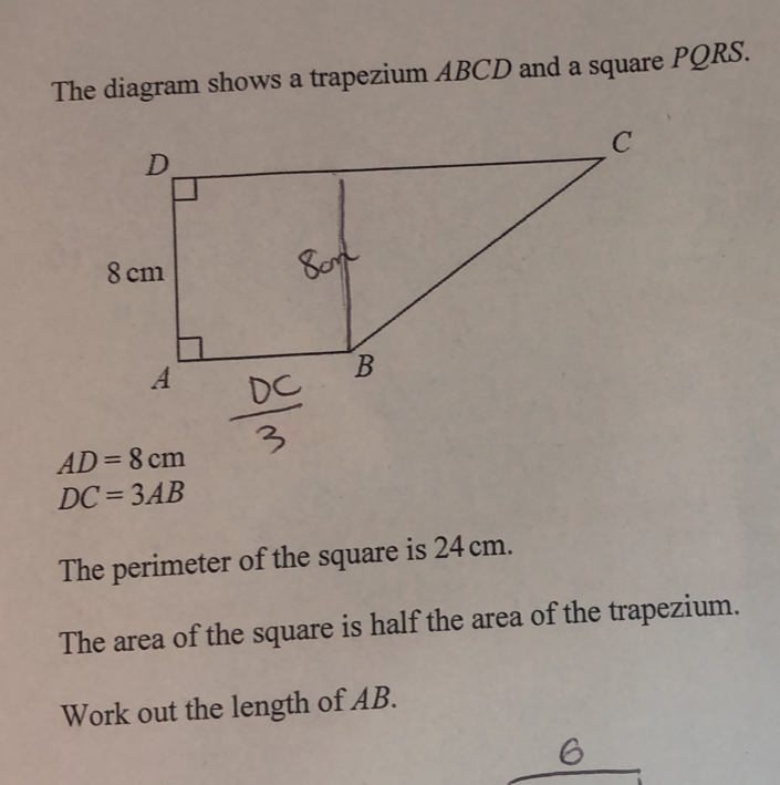 Solved: The diagram shows a trapezium ABCD and a square PQRS.. AD=8cm DC=3AB The perimeter of ...