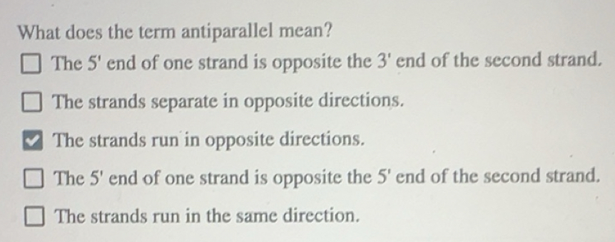 Solved: What does the term antiparallel mean? The 5' end of one strand ...