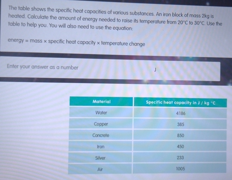 Solved: The table shows the specific heat capacities of various ...