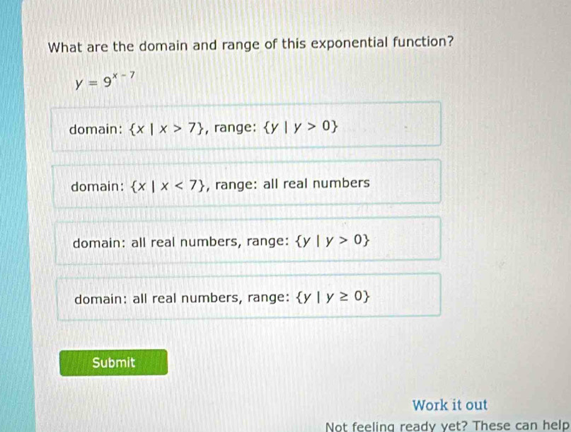 Solved: What are the domain and range of this exponential function? y=9 ...