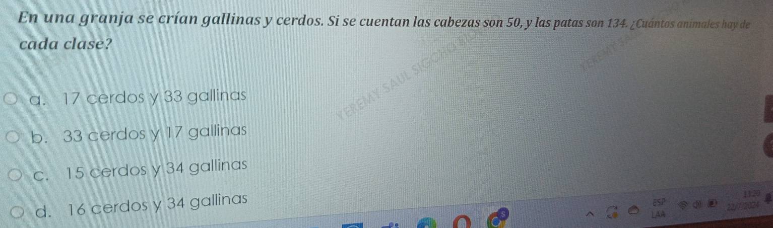 Resuelto:En una granja se crían gallinas y cerdos. Si se cuentan las cabezas son 50, y las patas so