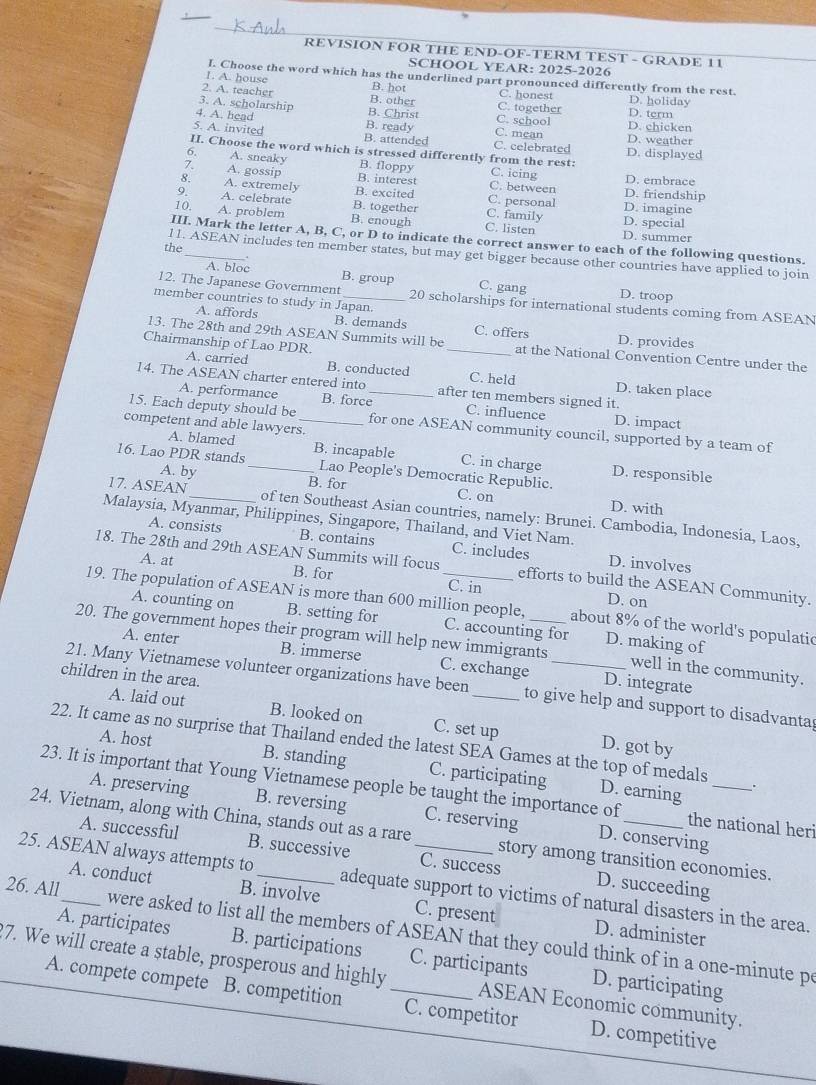 Giải quyết:REVISION FOR THE END-OF-TERM TEST - GRADE 11 SCHOOL YEAR ...