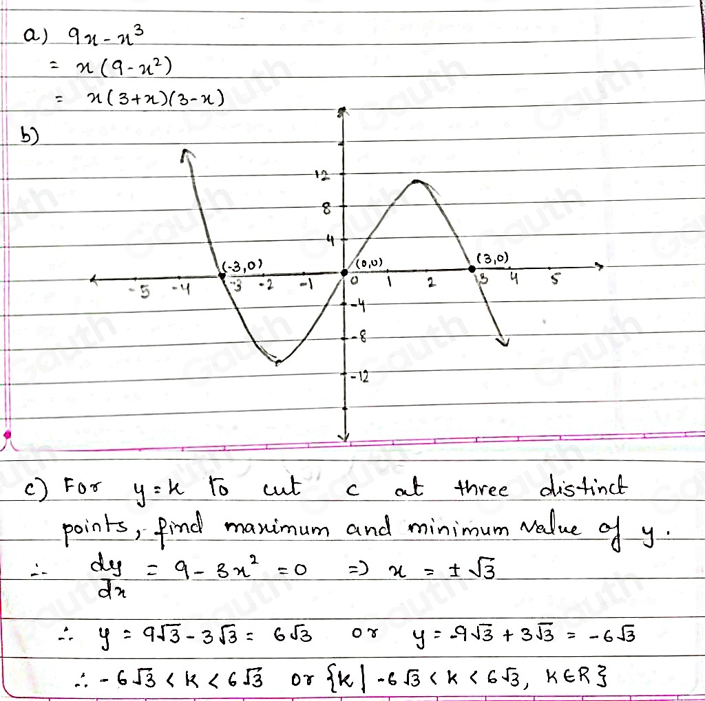 Solved: Factorise completely 9x-x^3 (2) The curve C has equation y=9x-x^3 (b) Sketch C showing ...