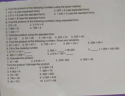 Solved: Find the product of the following numbers using the given ...