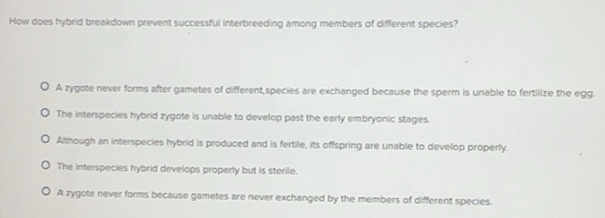 Solved: How does hybrid breakdown prevent successful interbreeding ...
