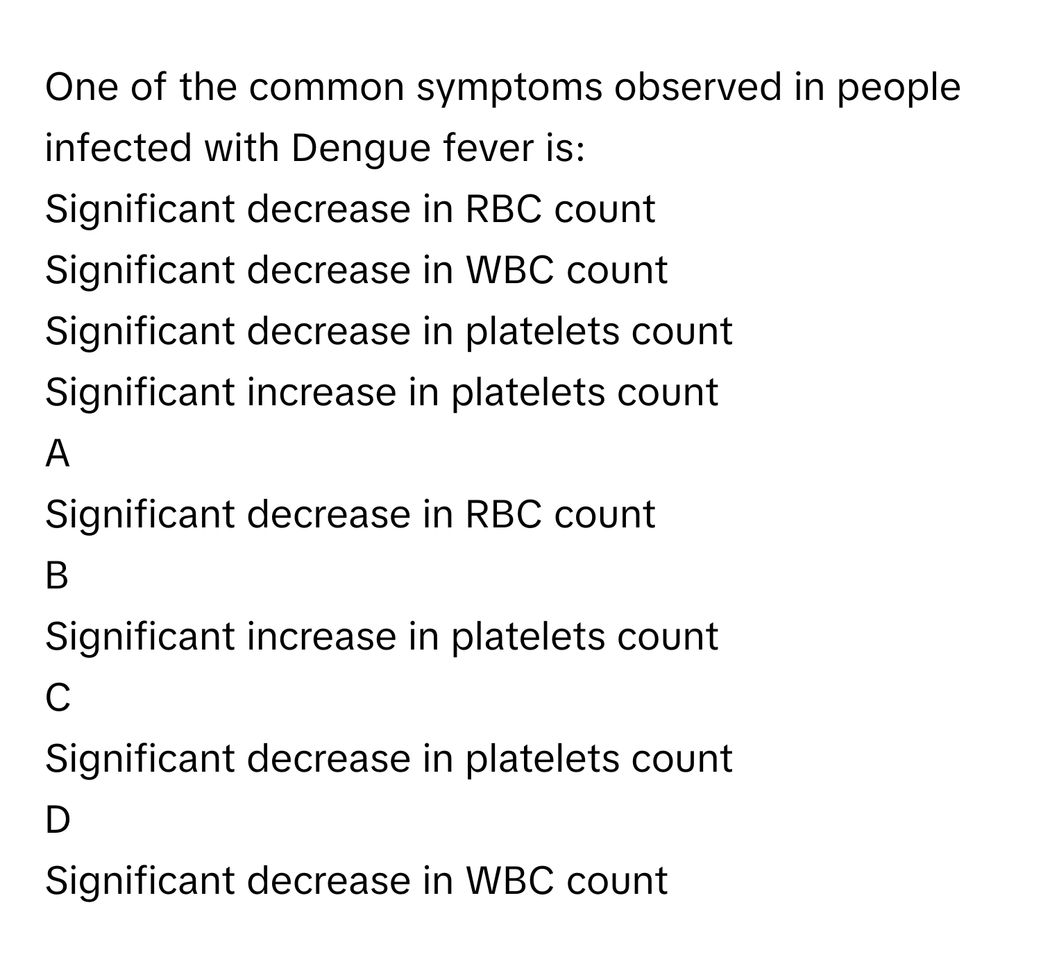 Solved: One of the common symptoms observed in people infected with Dengue fever is: Significant ...