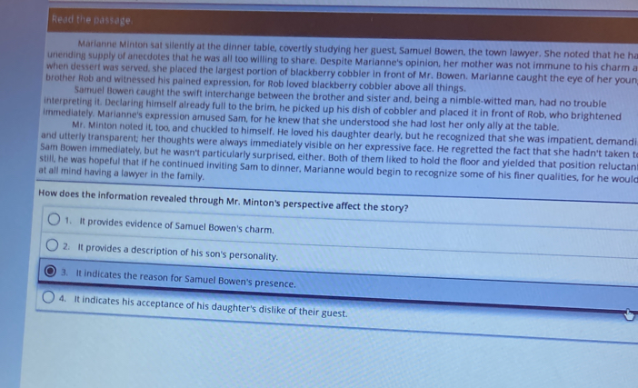 Solved: Read the passage Marianne Minton sat silently at the dinner ...