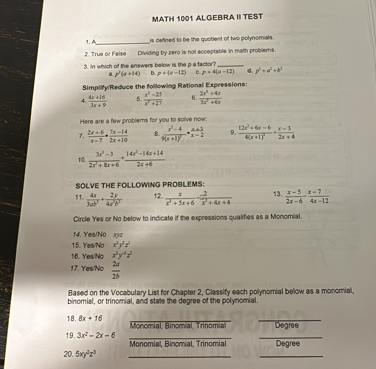 Solved: MATH 1001 ALGEBRA II TEST 1. A_ is defined to be the quotient ...