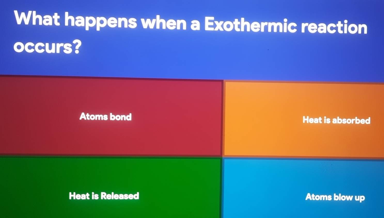 Gelöst:What happens when a Exothermic reaction occurs? Atoms bond Heat ...