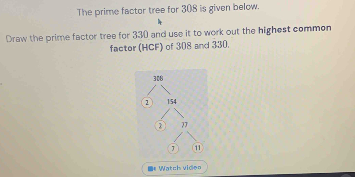 Solved: The prime factor tree for 308 is given below. Draw the prime ...