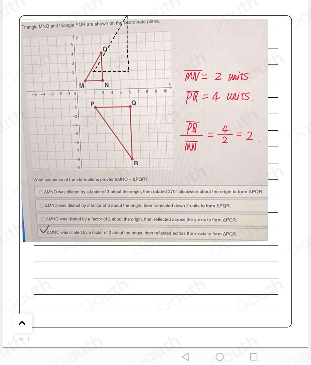 Solved: Triangle MNO and triangle PQR are shown on the coordinate plane ...