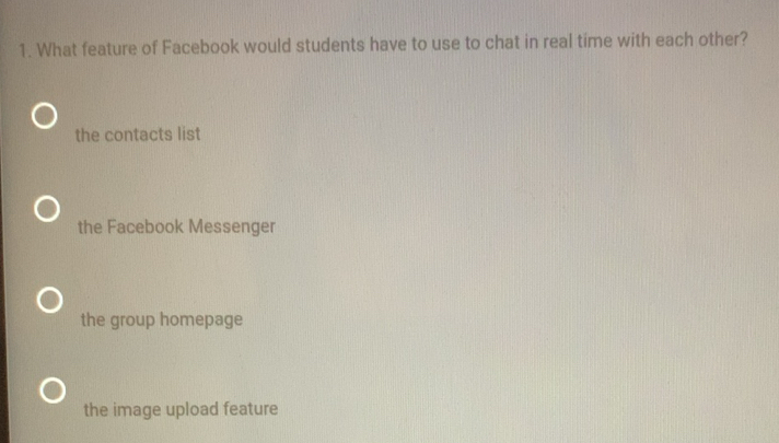 Solved: What feature of Facebook would students have to use to chat in ...