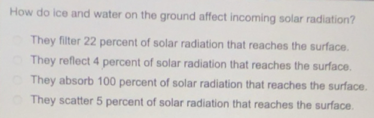 Solved: How do ice and water on the ground affect incoming solar ...