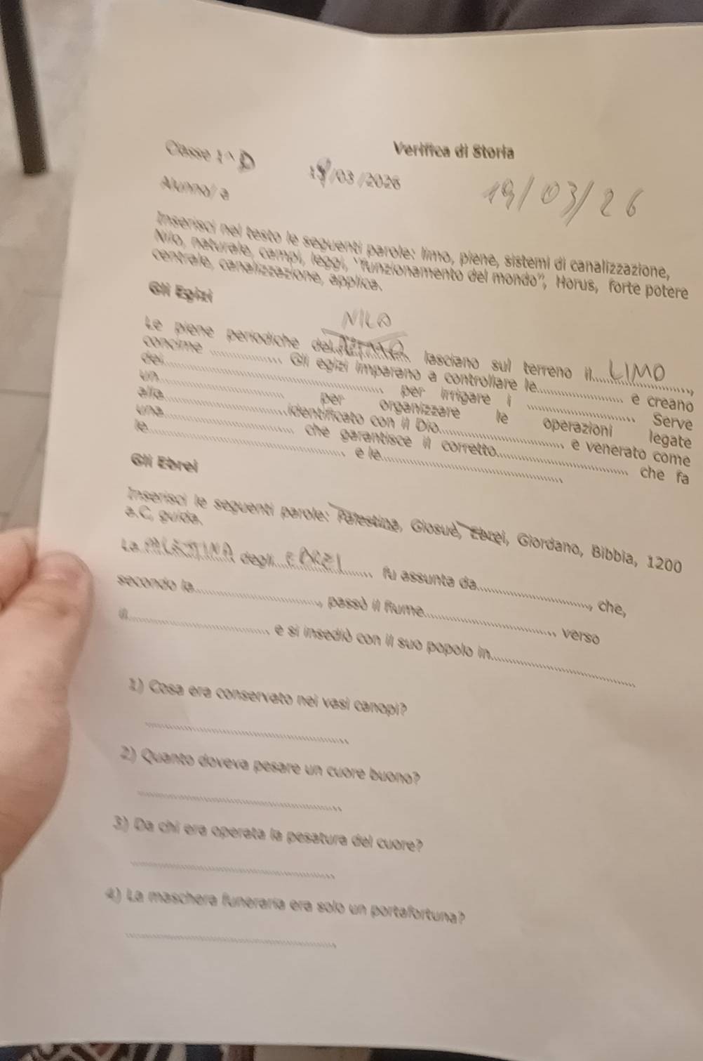 Risolto:Classe 1 Verifica di Storia 13/03 /2026 Alunno/a Inserisci nel ...