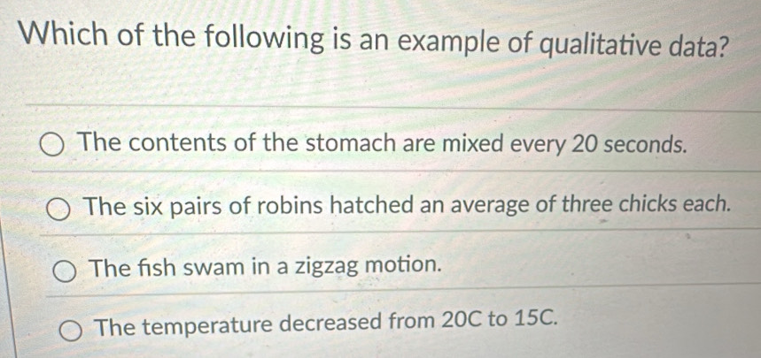 Solved: Which of the following is an example of qualitative data? The ...