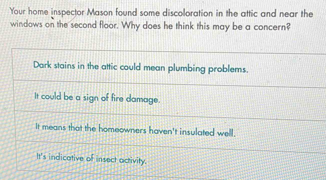 Solved: Your home inspector Mason found some discoloration in the attic ...