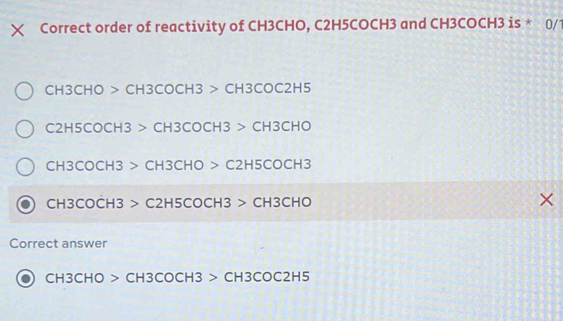 Solved: Correct order of reactivity of CH3CHO, C2H5COCH3 and CH3COCH3 is * 0/1 CH3CHO>CH3COCH3 ...