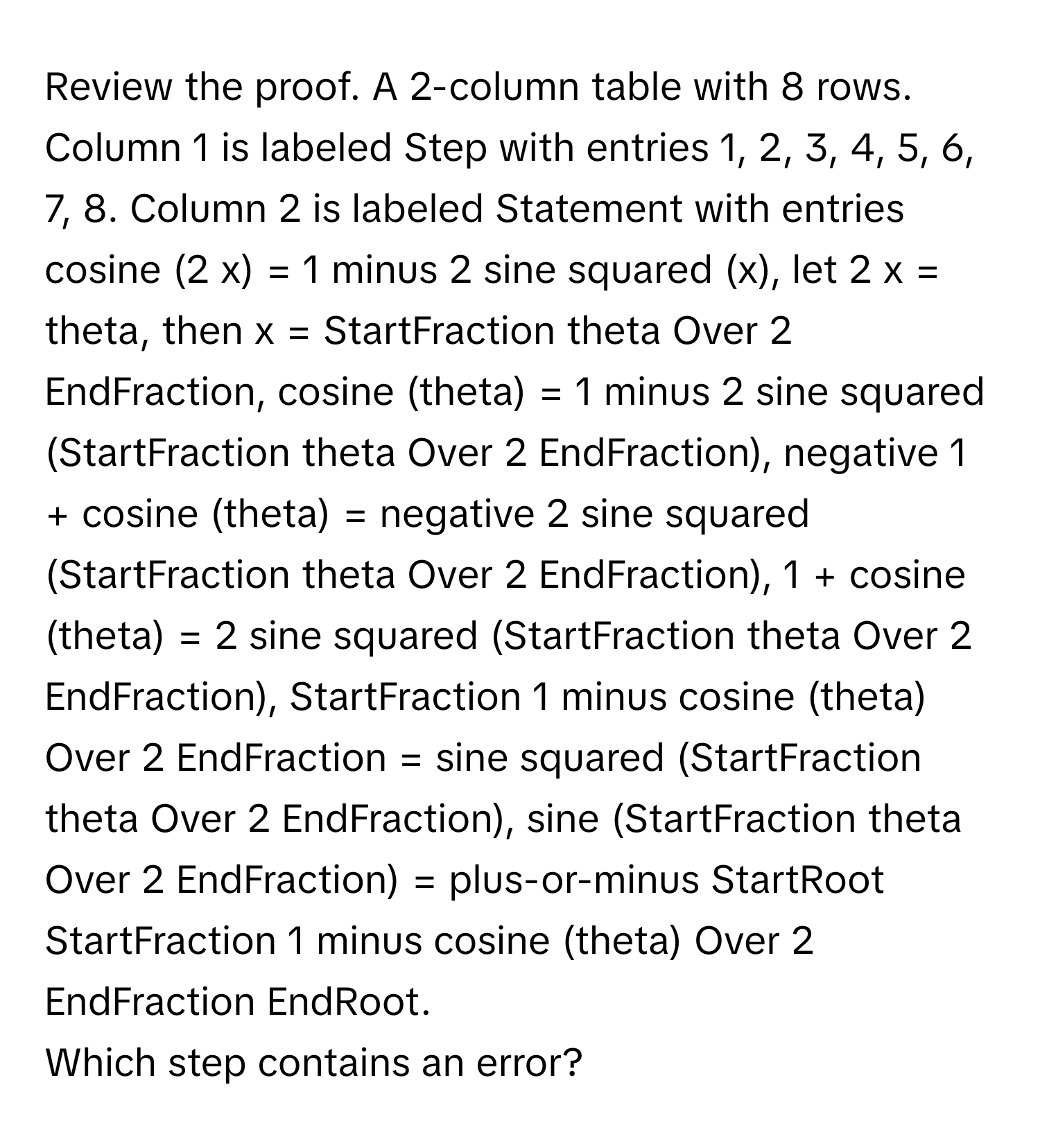 Solved: Review the proof. A 2-column table with 8 rows. Column 1 is labeled Step with entries 1 ...